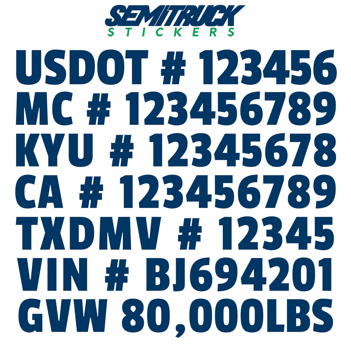 USDOT, MC, KYU, CA, TXDMV, VIN & GVW Decal Sticker (Pair ...